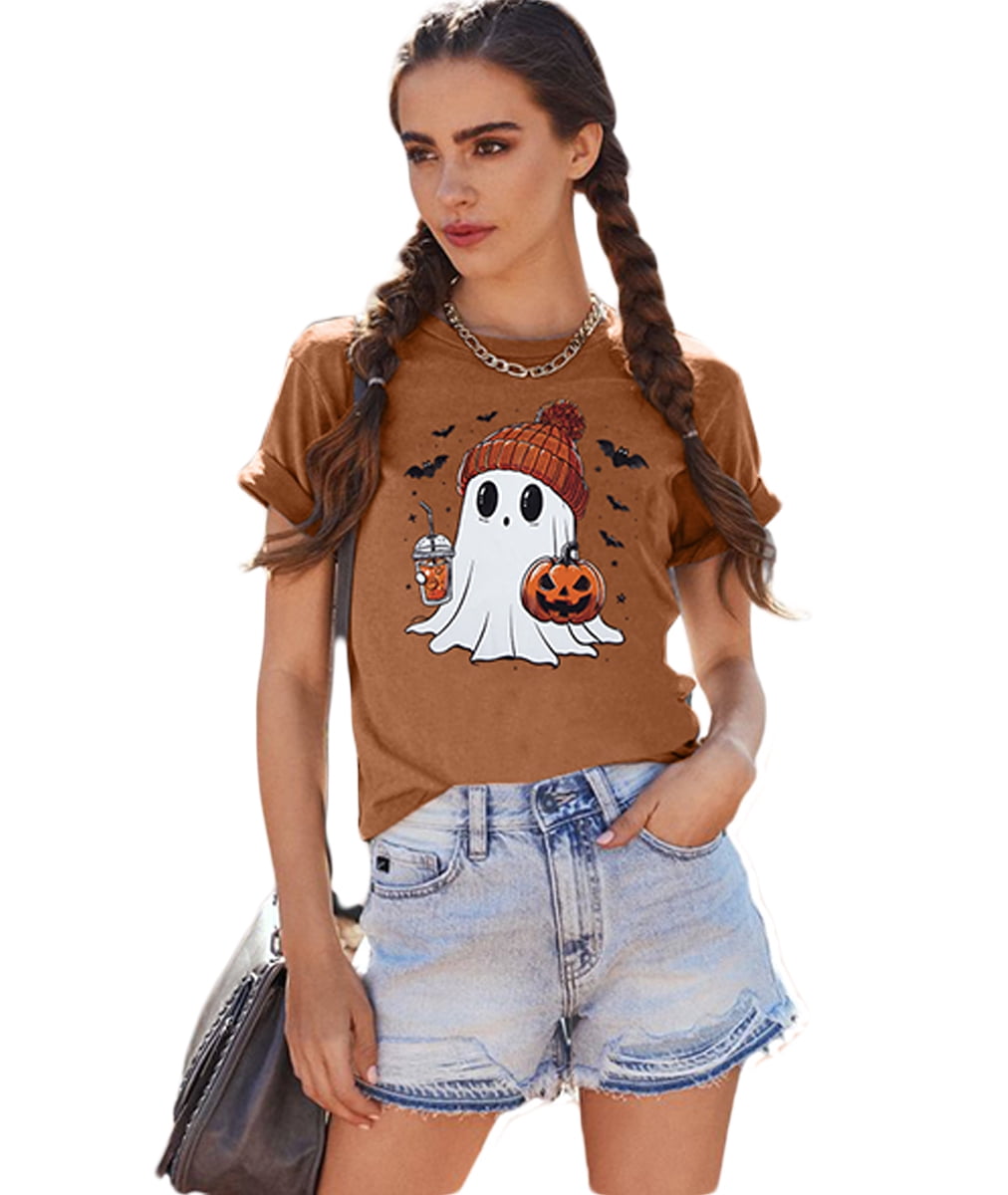 KimSoong Women Halloween Shirts Cute Ghost Shirt Fall Pumpkin T-Shirt ...