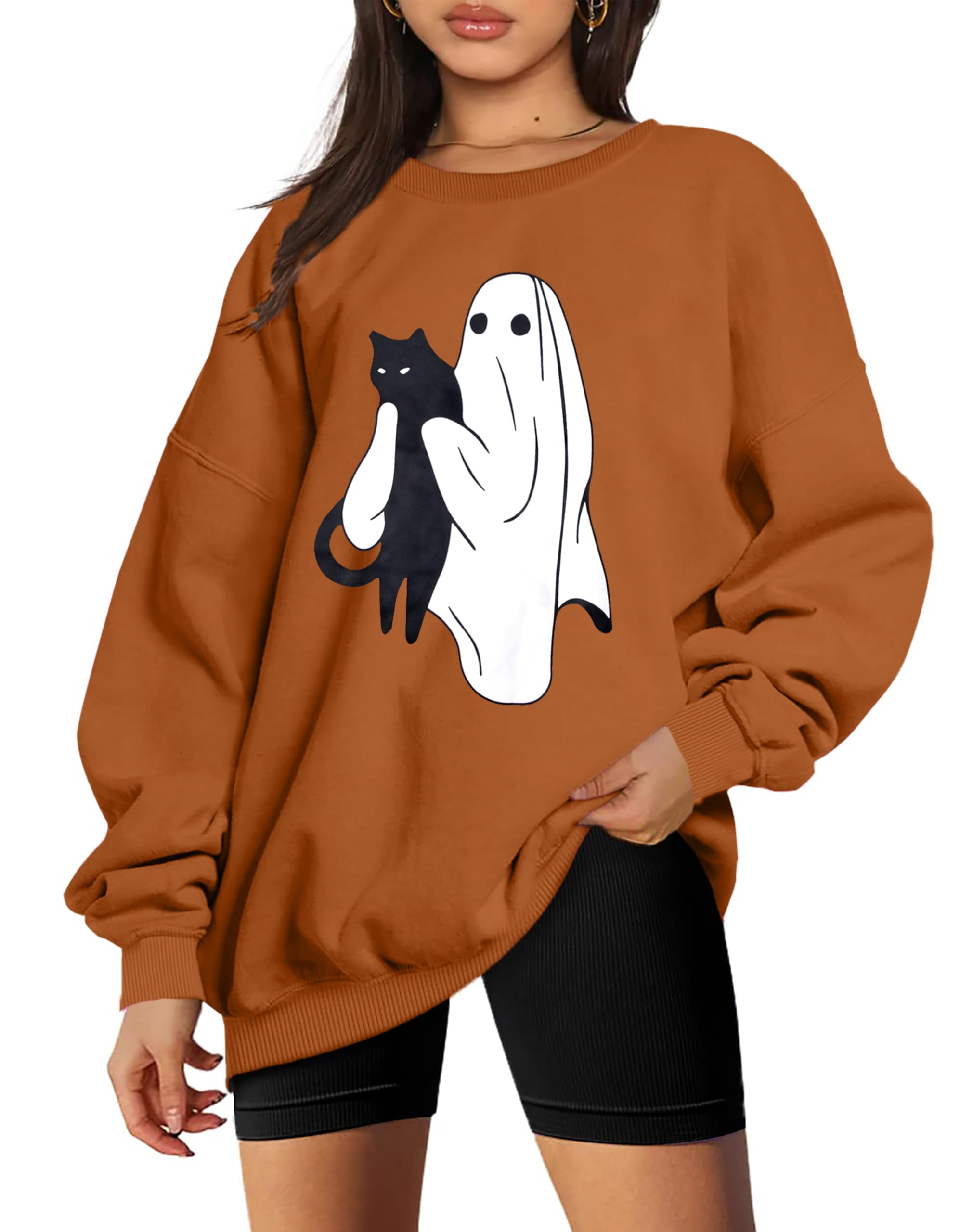 KimSoong Women Halloween Spooky Season Sweatshirt Black Cat Ghost ...
