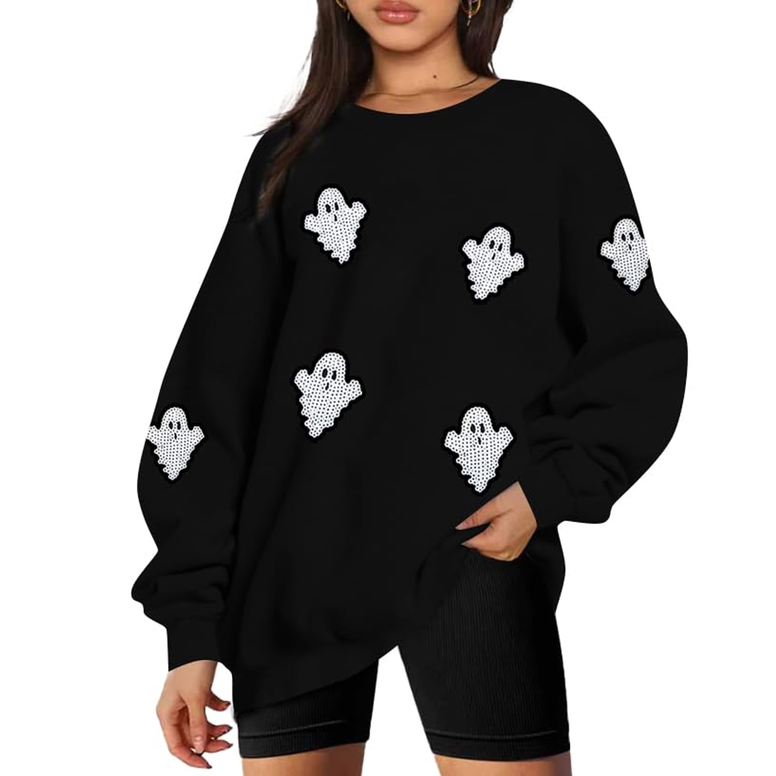 KimSoong Women Halloween Sweatshirt Oversized Sequin Ghost Shirts ...