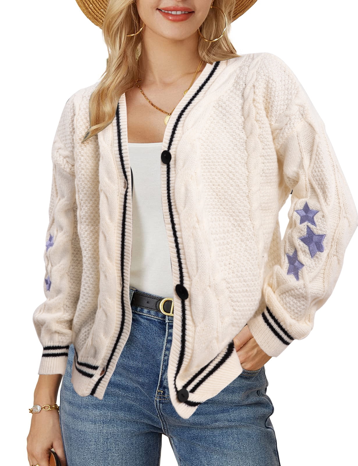 KimSoong Women Knit Cardigans Sweater Open Front Stars Embroidered Long ...