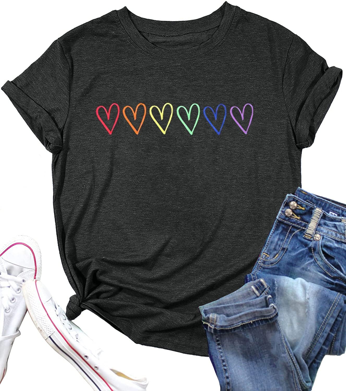 KimSoong Women LGBTQ Equality Pride Shirts Rainbow Heart Graphic Tees ...