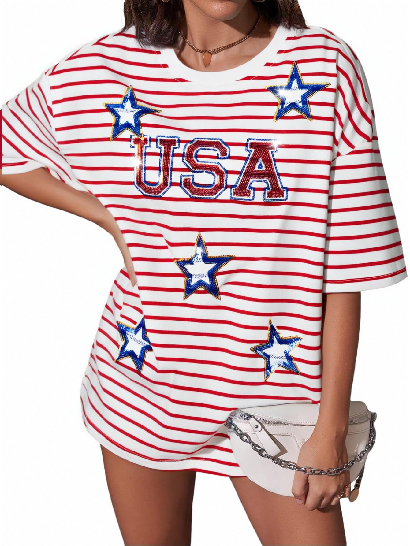 KimSoong Women's Oversized Sequin Stars Graphic T Shirt Patriotic 4th ...
