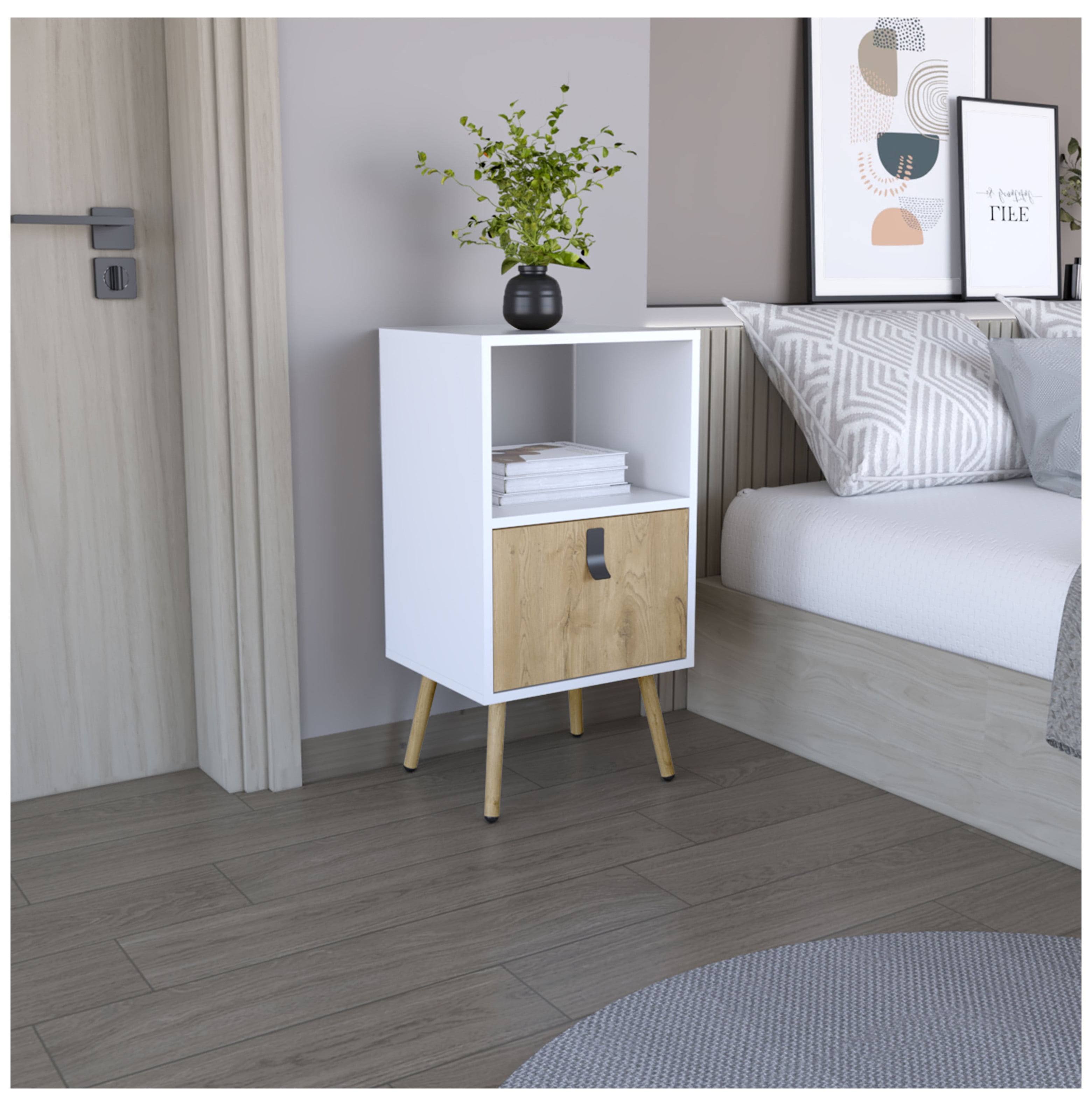 Kimball Tall Nightstand with Drawer, Open Shelf and Wooden Legs ...