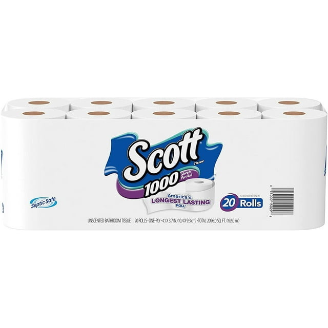 Scott Bath Tissue, 1000 Sheets Per Roll Toilet Paper by Kimberly-Clark, 20 Rolls, Long-Lasting ...