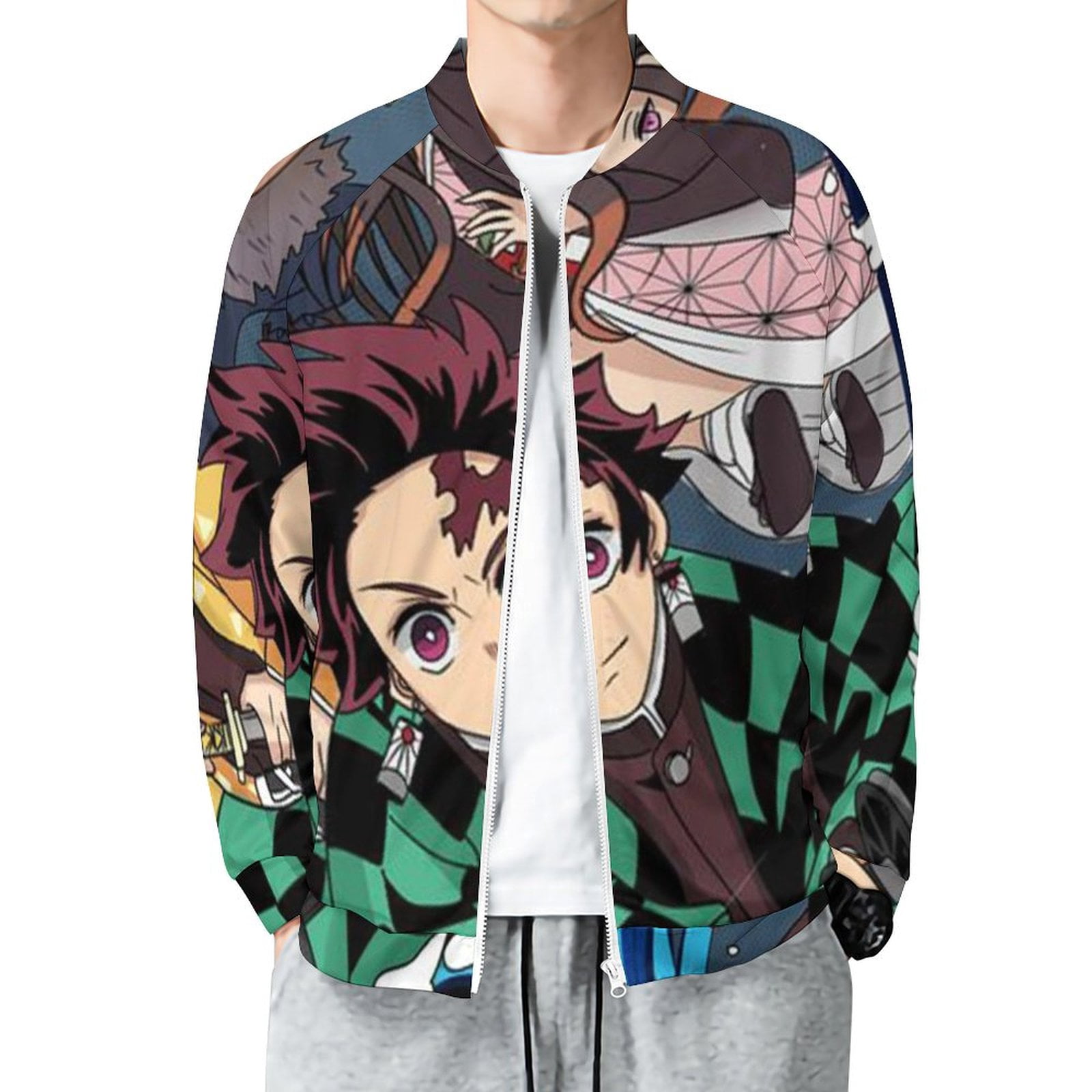 Kimetsu No Yaiba Anime Men's Jacket Windbreaker Coat Round Neck Zipper ...