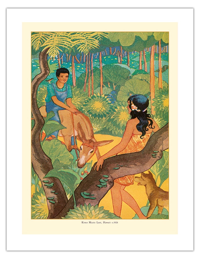Kimo Meets Lani - Book Plate From Kimo A Story of Hawaii - Vintage Illustration by Lucille ...
