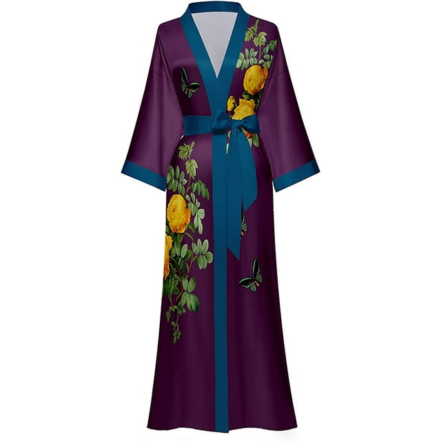 LOFIR Women's Kimono Robe, Ice Silk Satin, Summer Bathrobe, Floral ...