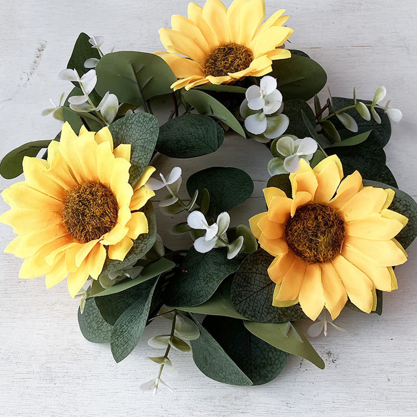 Kinaerty 2PCS Artificial Sunflower Eucalyptus Wreath Elegant Candle ...