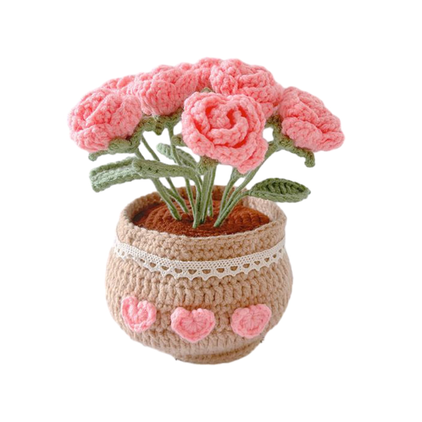 Kinaerty Crochet Potted Flower Decoration Handmade Colorful Tulip Rose ...