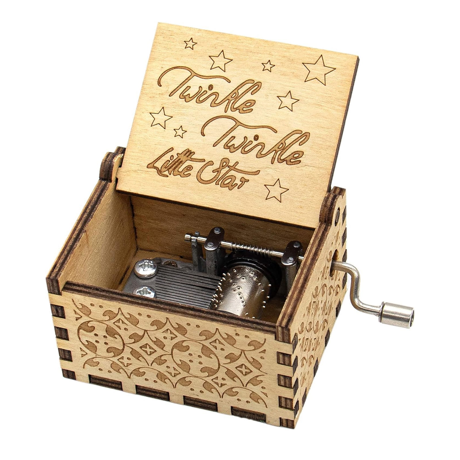 Kinaerty Wooden Music Box Manual Handle Soothing Melody Engraved Words ...