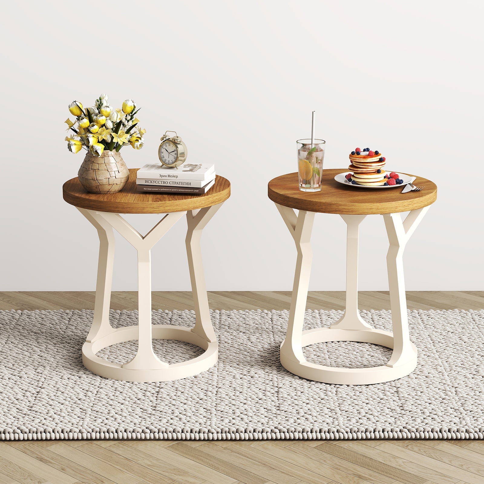 Kinbor 2Pcs Accent Farmhouse Round End Table Side Tables Nightstand Natural Top and Legs, White ...