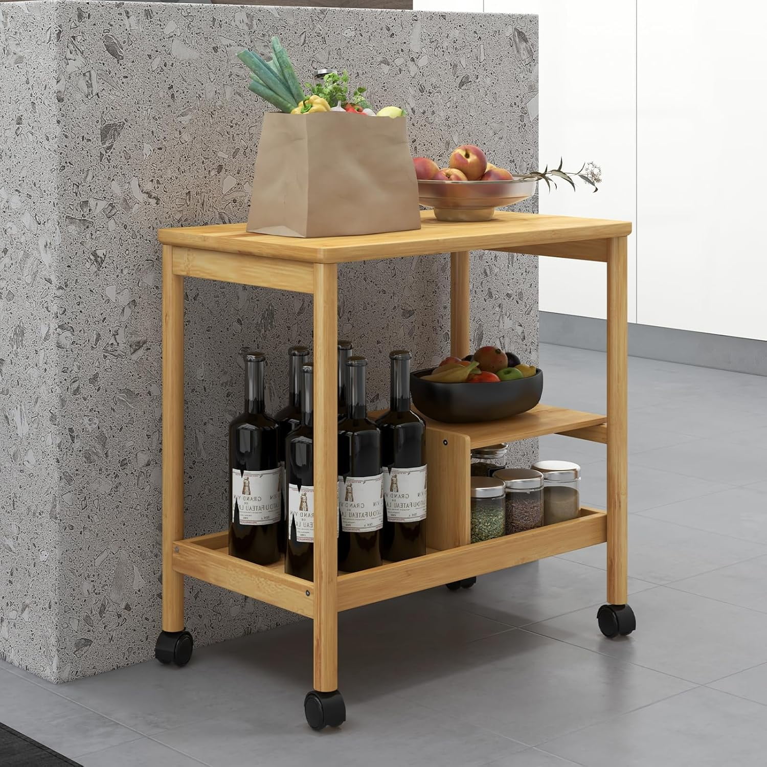 Kinbor 3 Tier Bamboo Kitchen Storage Cart Rolling Island Cart, Mobile ...