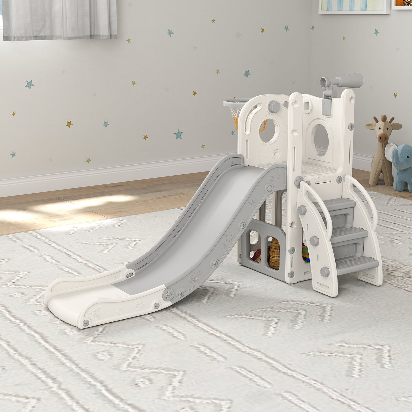 Kinbor 6-in-1 Toddler Slide Set with Basketball Hoop, HDPE, Indoor ...