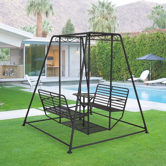 Kinbor 4-Seat Heavy Duty Outdoor Swing Chair with Stand & Table, 880lbs ...