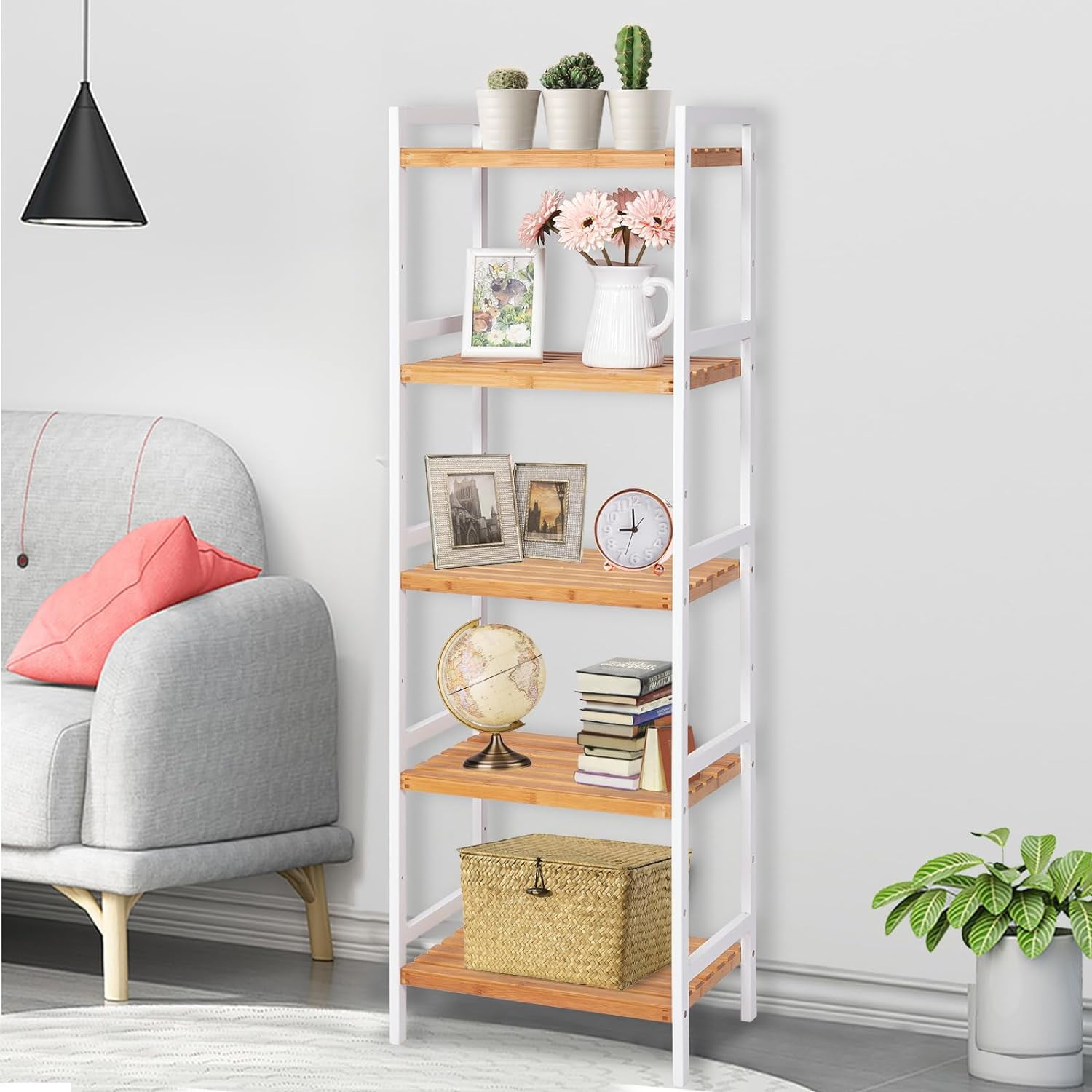 Kinbor 5-Tier Bamboo Shelf Multipurpose Tall Storage Rack Shelving Unit ...