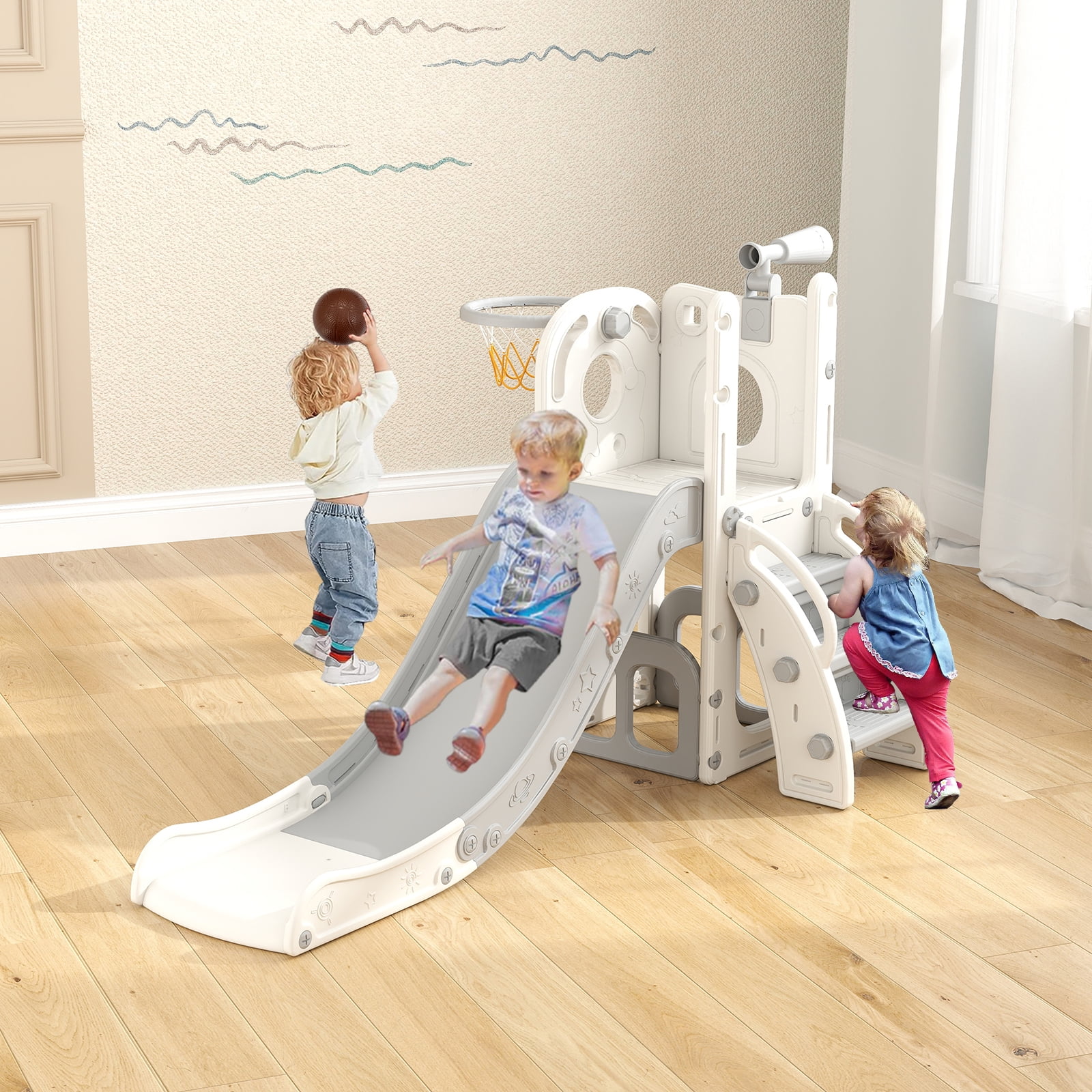 Kinbor 5-in-1 Indoor Playset, Toddler Slide Set, Rocking Horse Climber ...