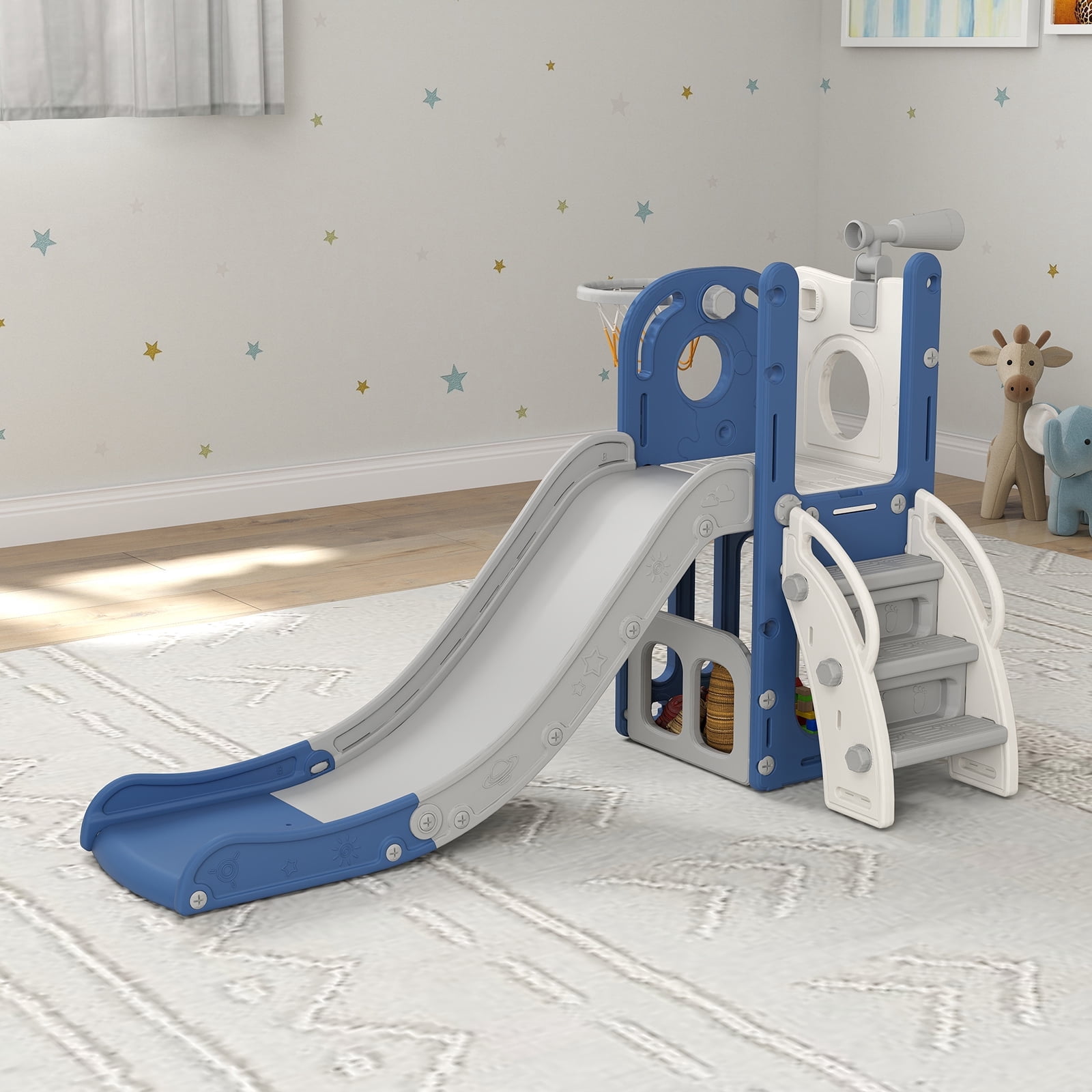 Kinbor 6-in-1 Kids Combination Slides Climbing Basketball Hoop Set ...