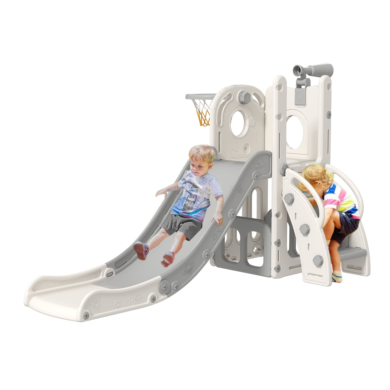 Kinbor 6-in-1 Kids Combination Slides Climbing Basketball Hoop Set ...