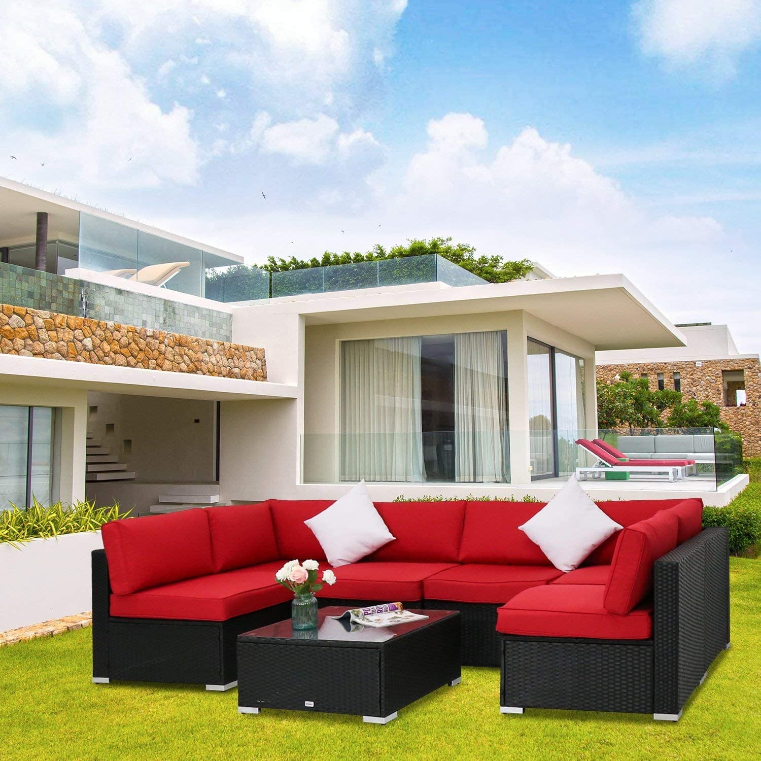 5-Piece Patio Wicker Sofa Set with Firepit Table and Rain cover ...