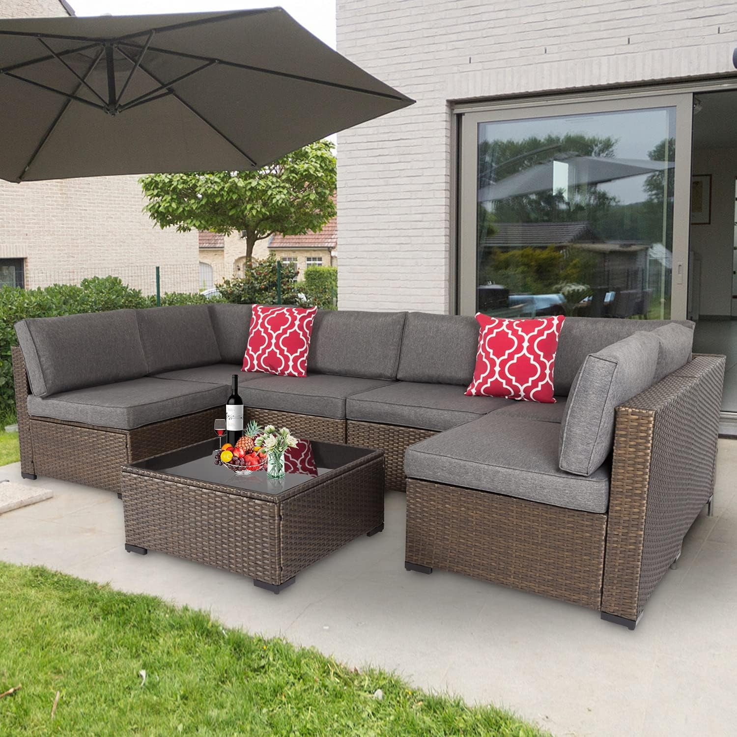 Kinbor 7pc Modern Outdoor Patio Furniture Set, Wicker Sectional Sofa ...