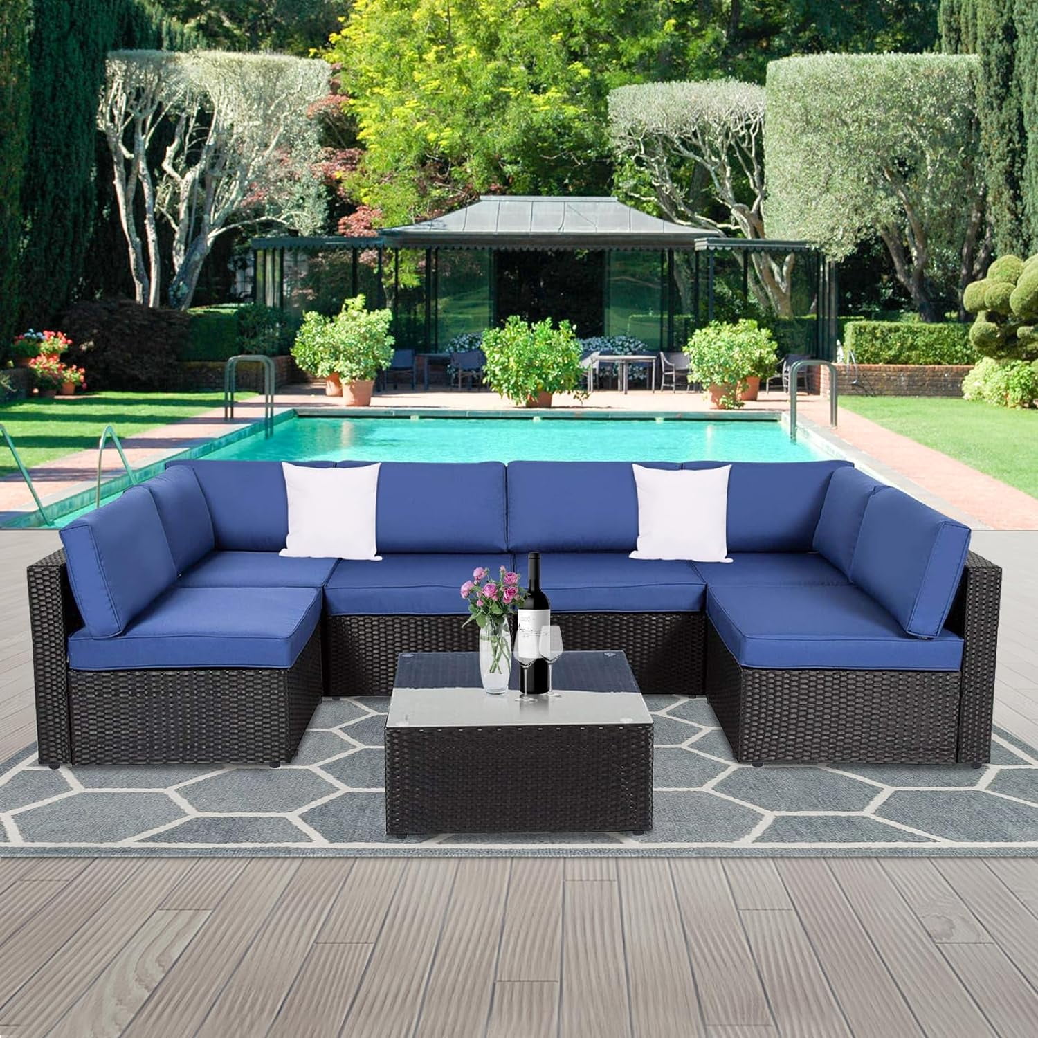 Kinbor 7Pcs Modern Outdoor Corner Seating Set, Rattan Wicker Sectional ...