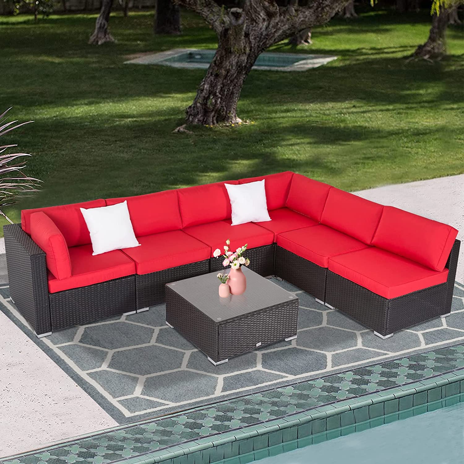 Gymax 6PCS Patio Conversation Set Rattan Sectional Furniture Set w/ Red ...