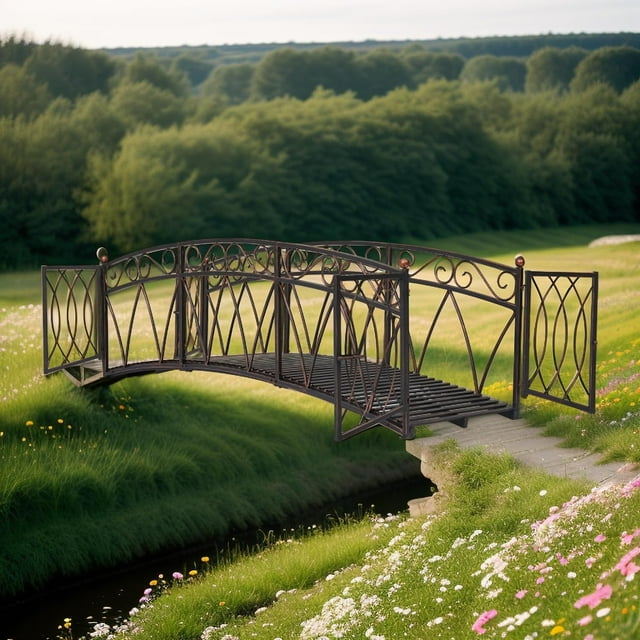 Kinbor 8Ft Metal Garden Bridge with Gate, Outdoor Decorative Extra Long ...