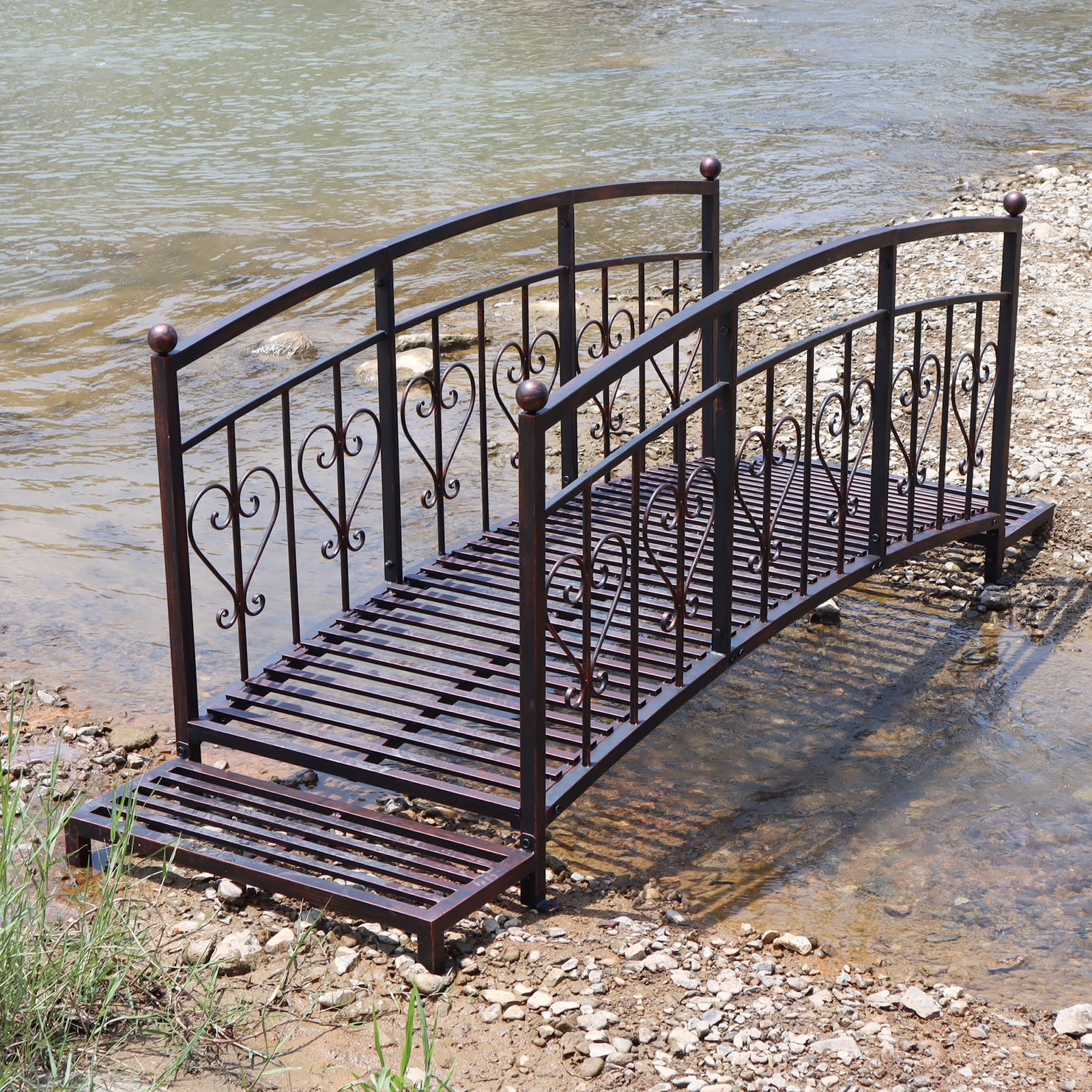Kinbor 8ft Metal Garden Bridge, Outdoor Garden Bridge with Steps and ...