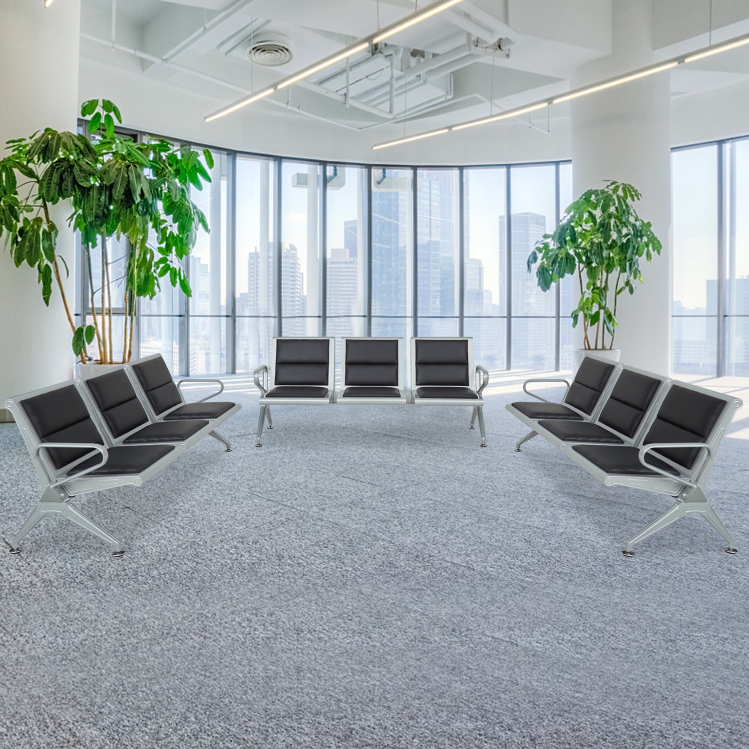 Kinbor 9-Seat Office Waiting Room Chairs, Black PU Leather & Steel ...