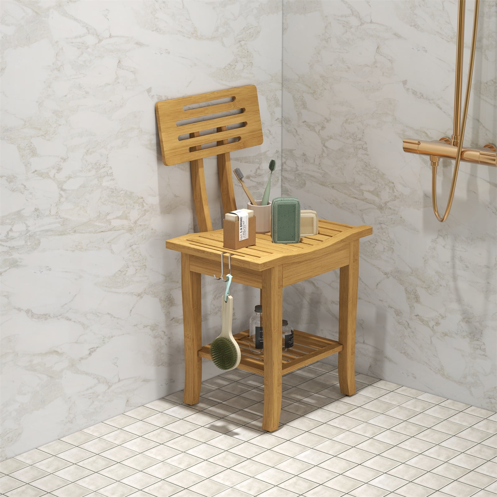 Kinbor Bamboo Shower Bench with Backrest for Inside Shower Spa ...