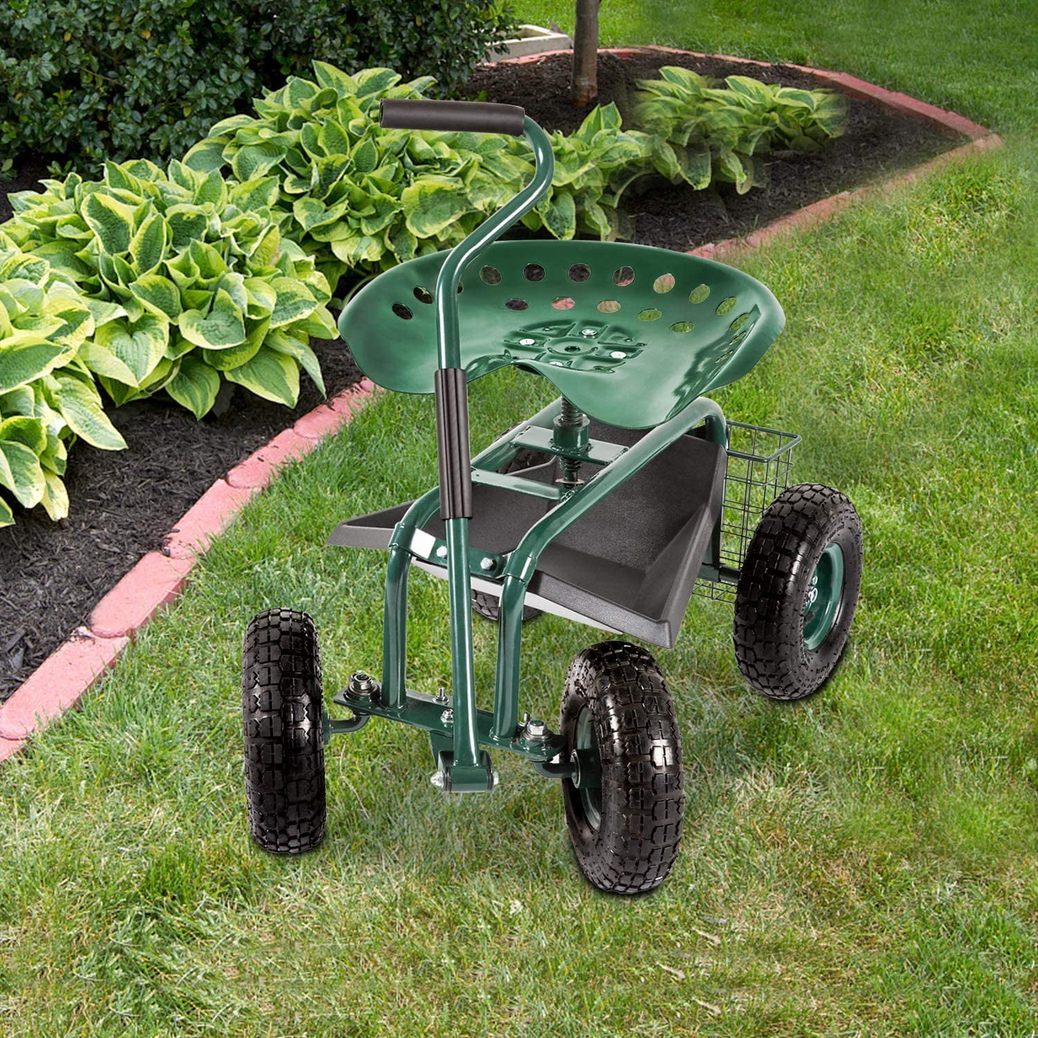 Kinbor Lawn Garden Cart with Wheels and Storage, Adjustable Swivel Seat ...