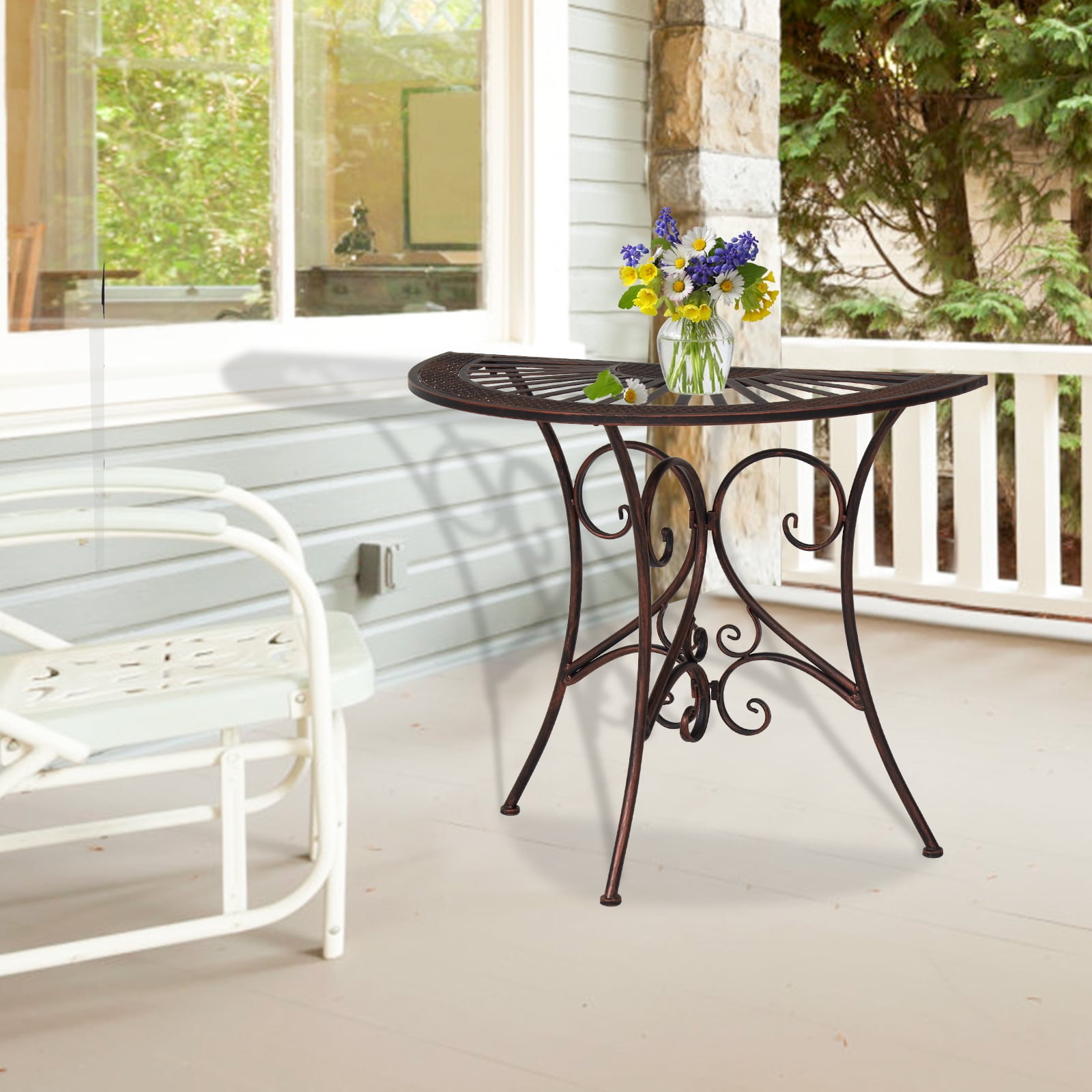 Kinbor Outdoor Patio Table Semi-circular Side Table Metal Conversation ...
