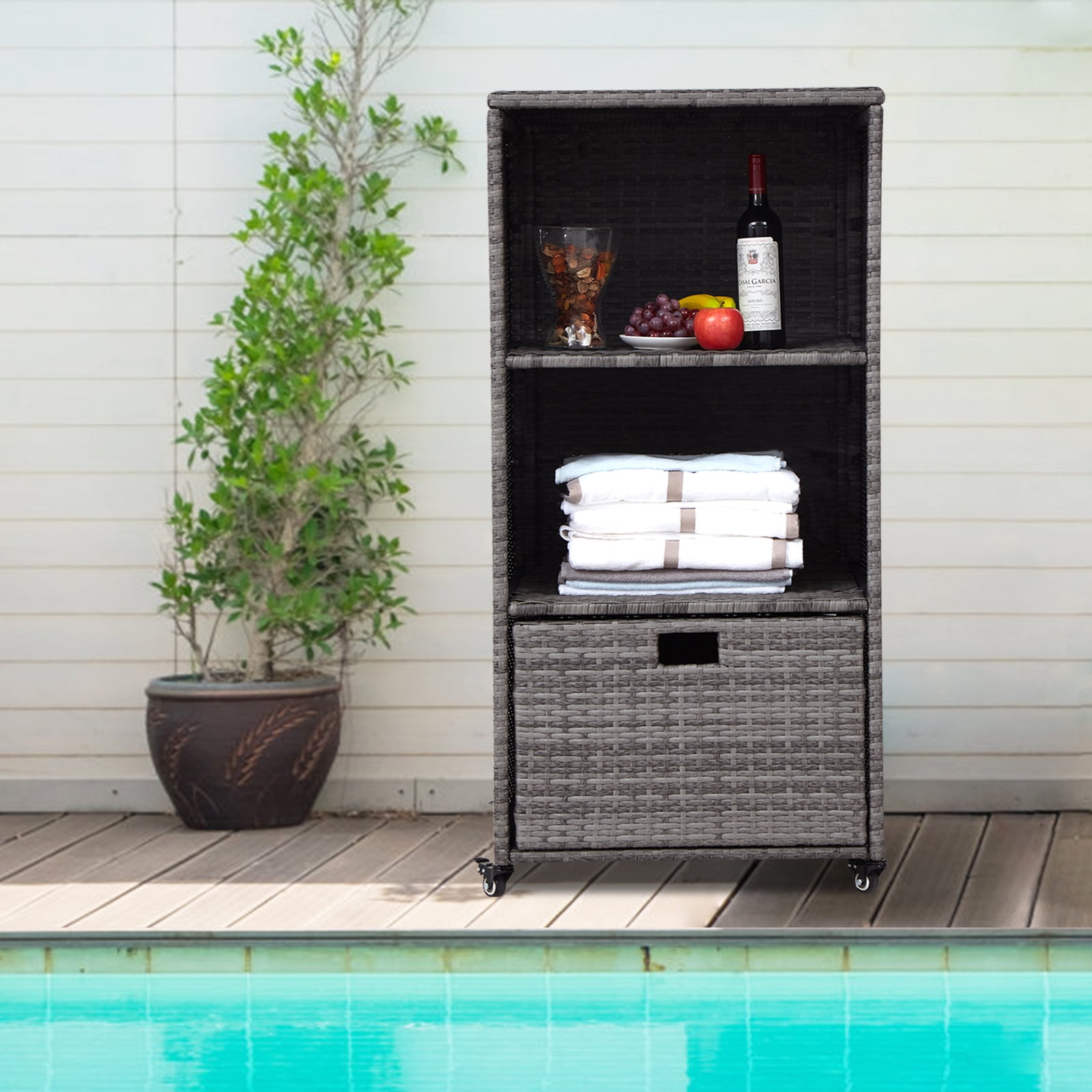 Kinbor Outdoor Pool Towel Rack, PE Rattan Storage Cabinet with Shelves ...