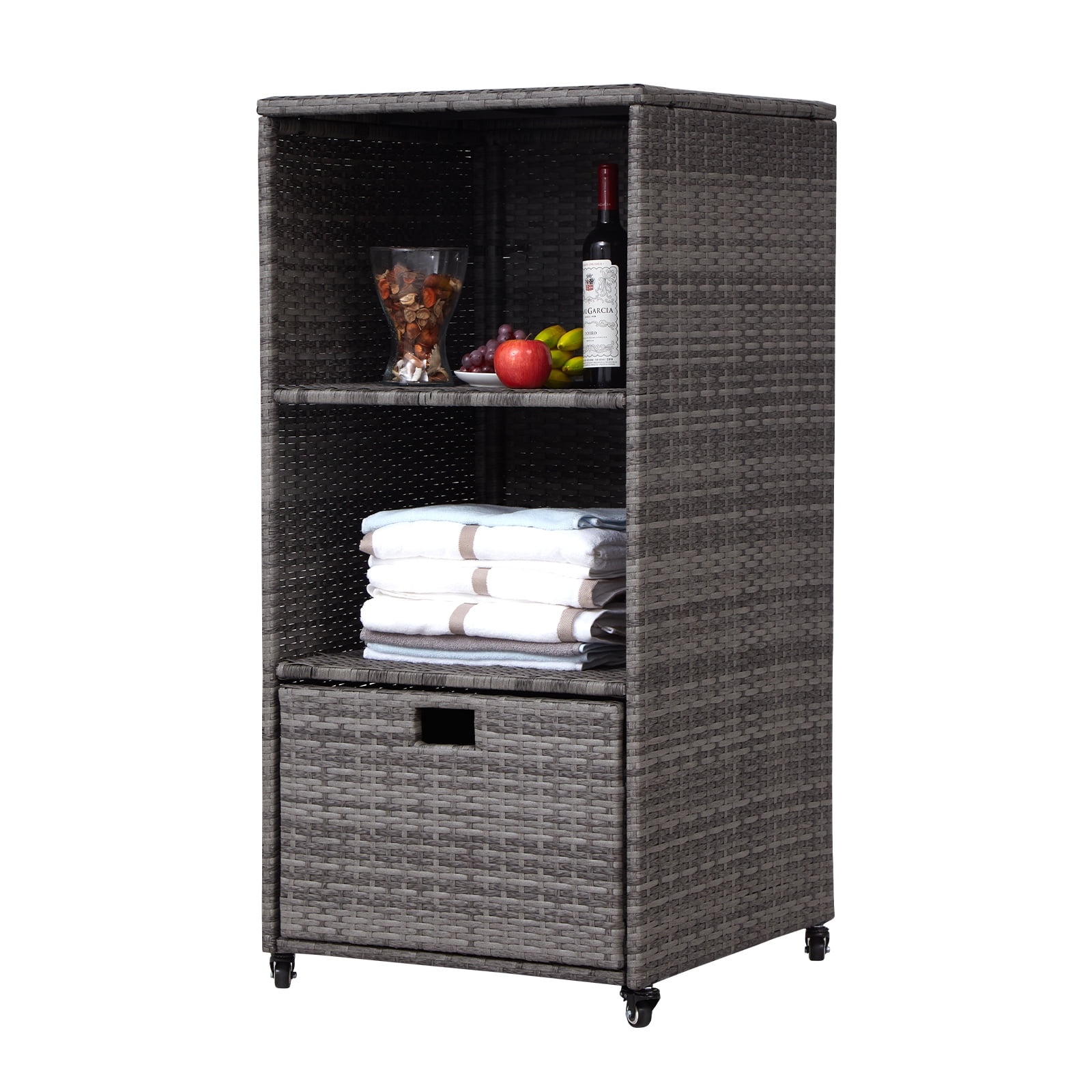 Kinbor Gray Outdoor Pool Towel Rack, PE Rattan Storage Organizer with 2 ...