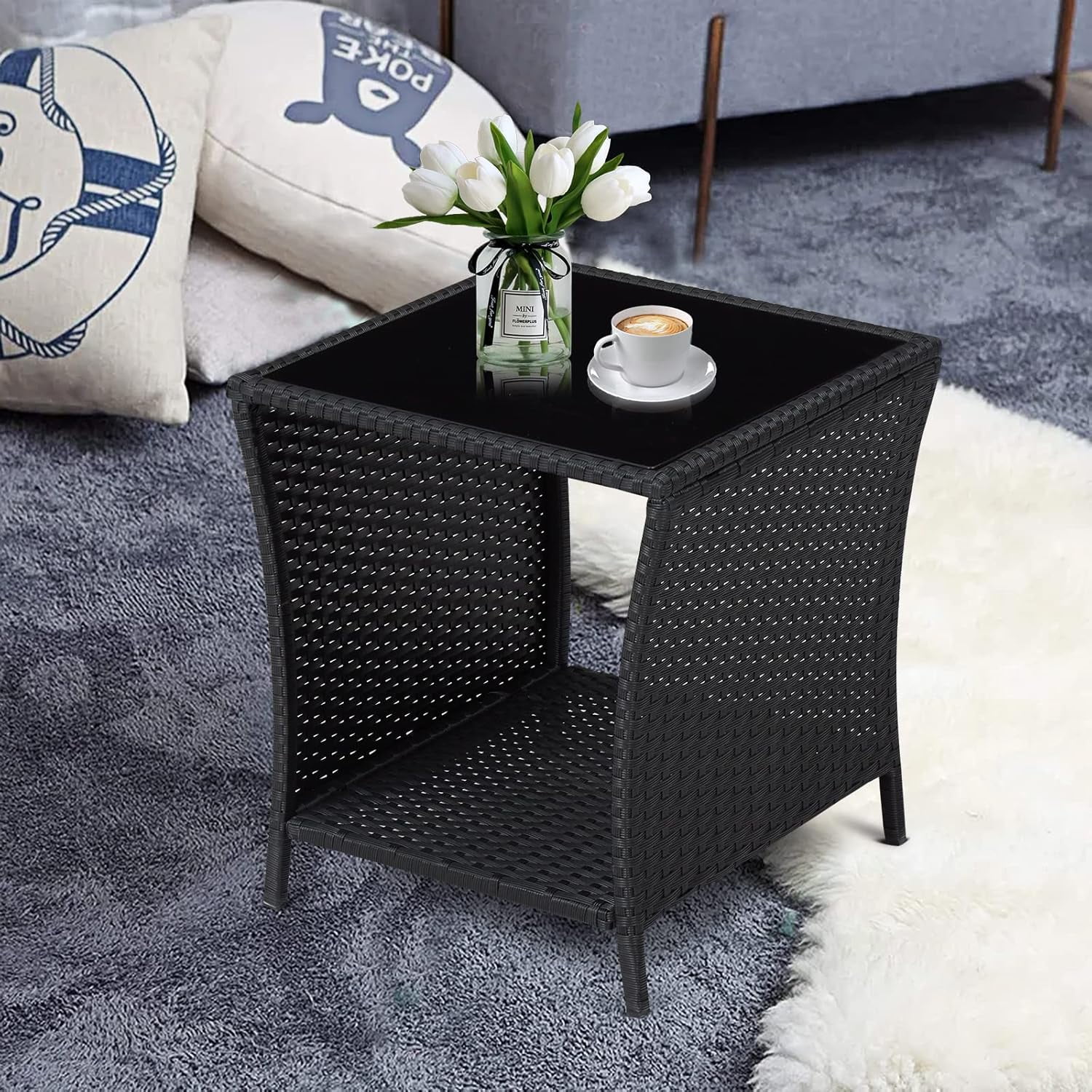 Kinbor Outdoor Side Table Wicker Rattan Side Tables, End Table for ...