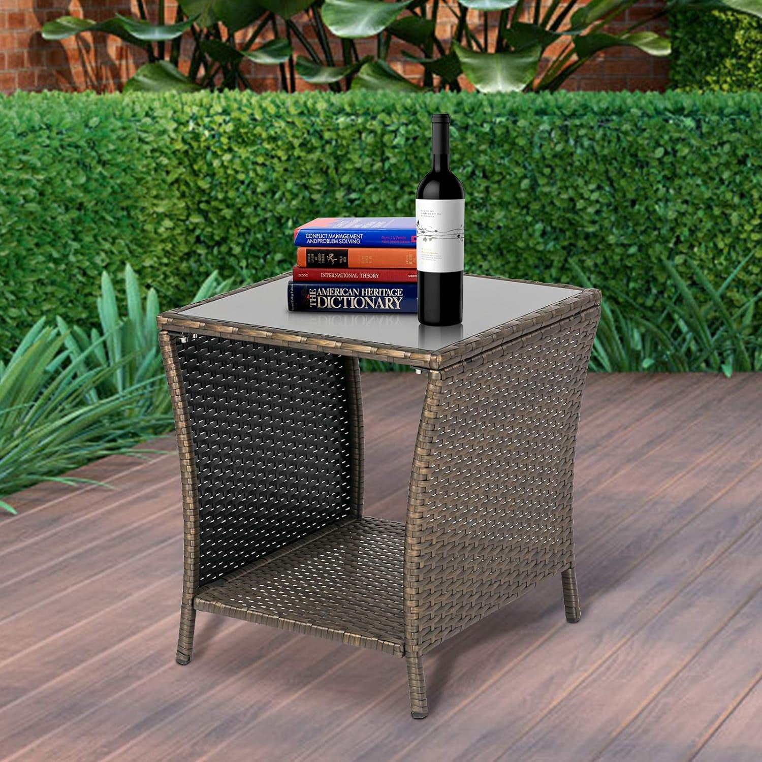 Kinbor Patio Wicker Side Table Outdoor Square Tempered Glass Top End ...