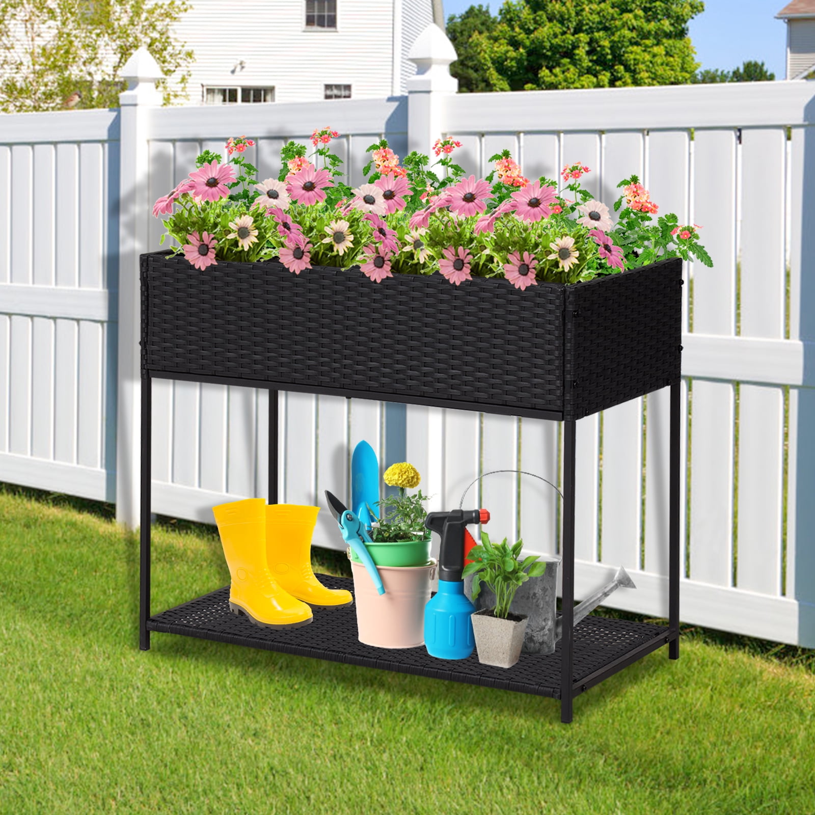 Kinbor Raised Garden Bed, Outdoor Wicker Elevated Planter Box with ...