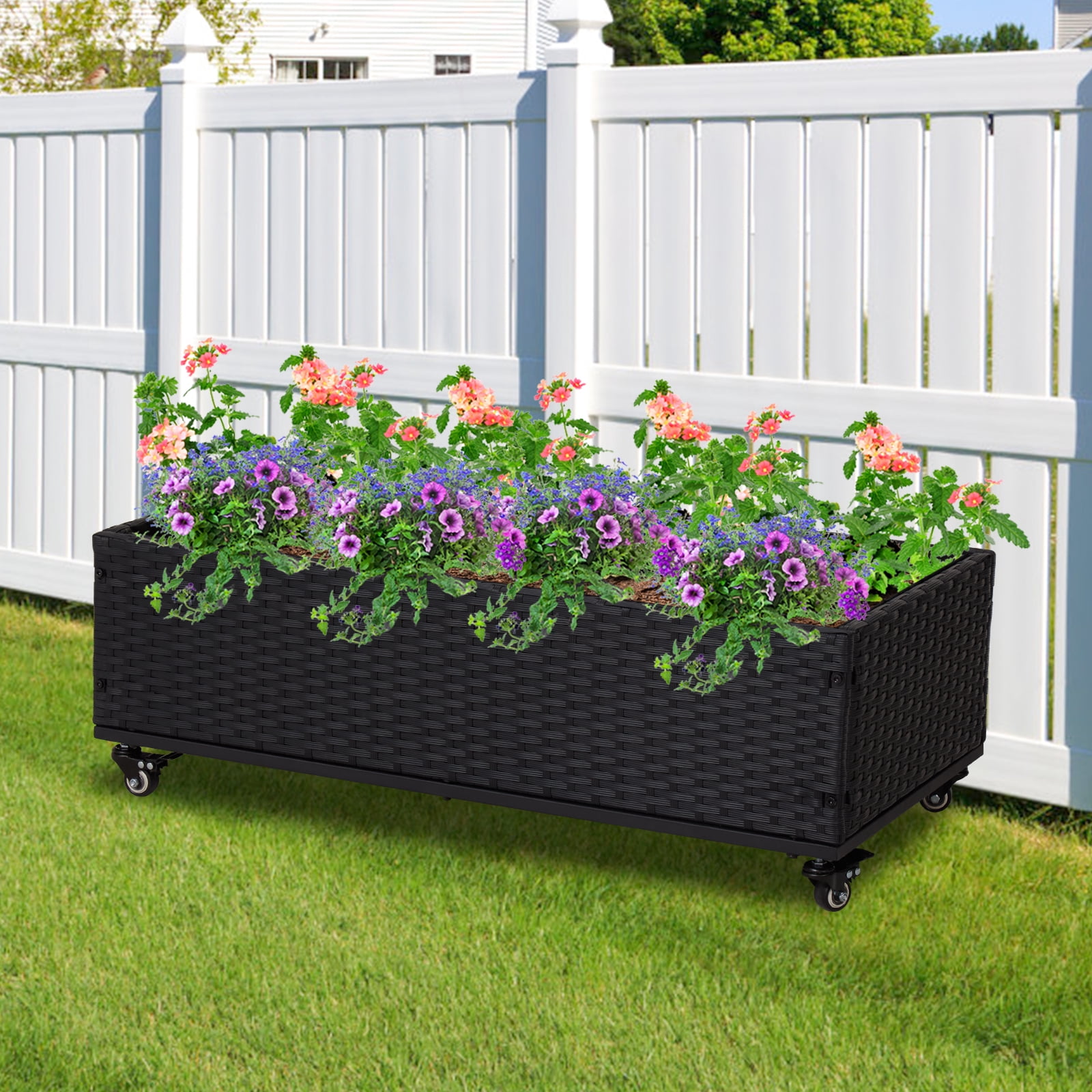 Kinbor Raised Garden Bed, Wicker Elevated Raised Garden Bed with Wheels ...