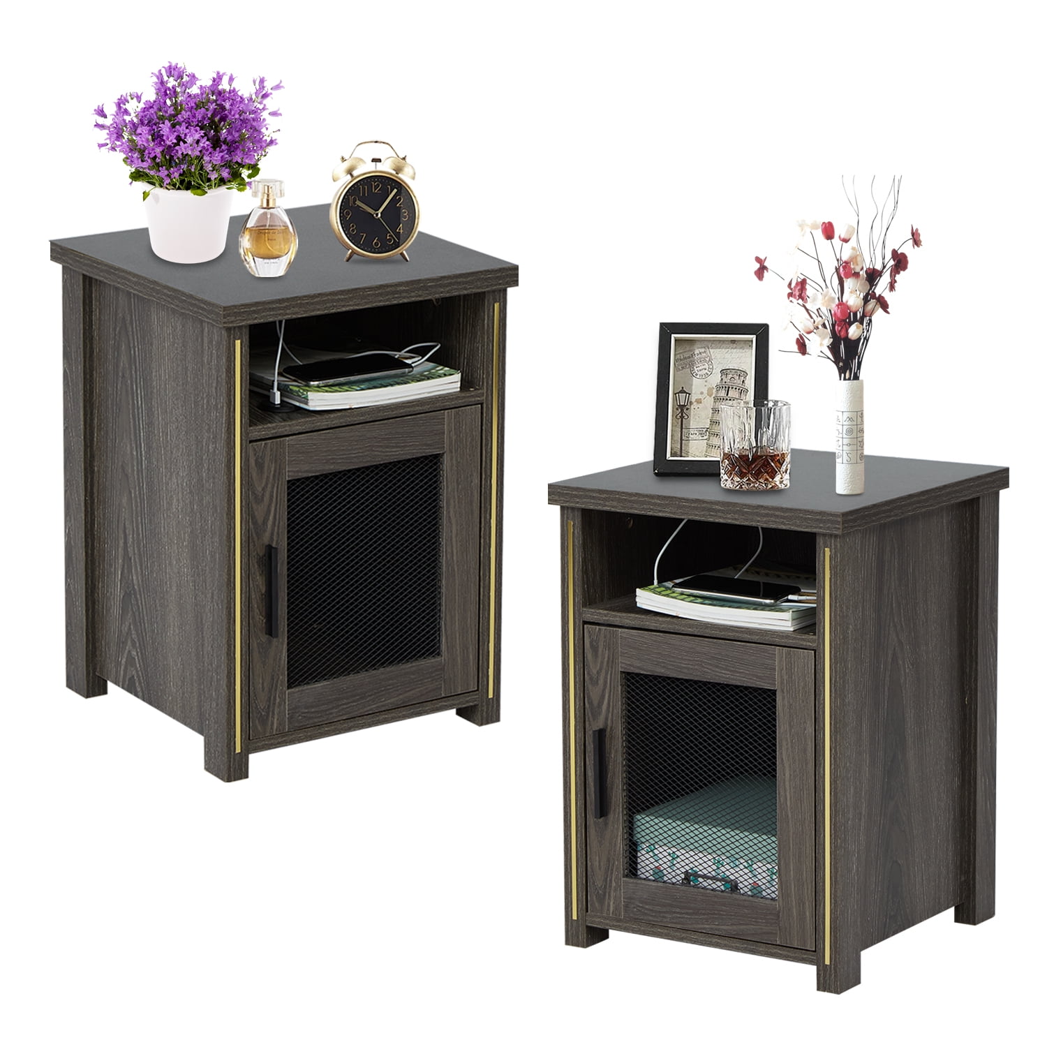 Kinbor Set of 2 Bedside Tables, Night Stands with Storage and Charging ...