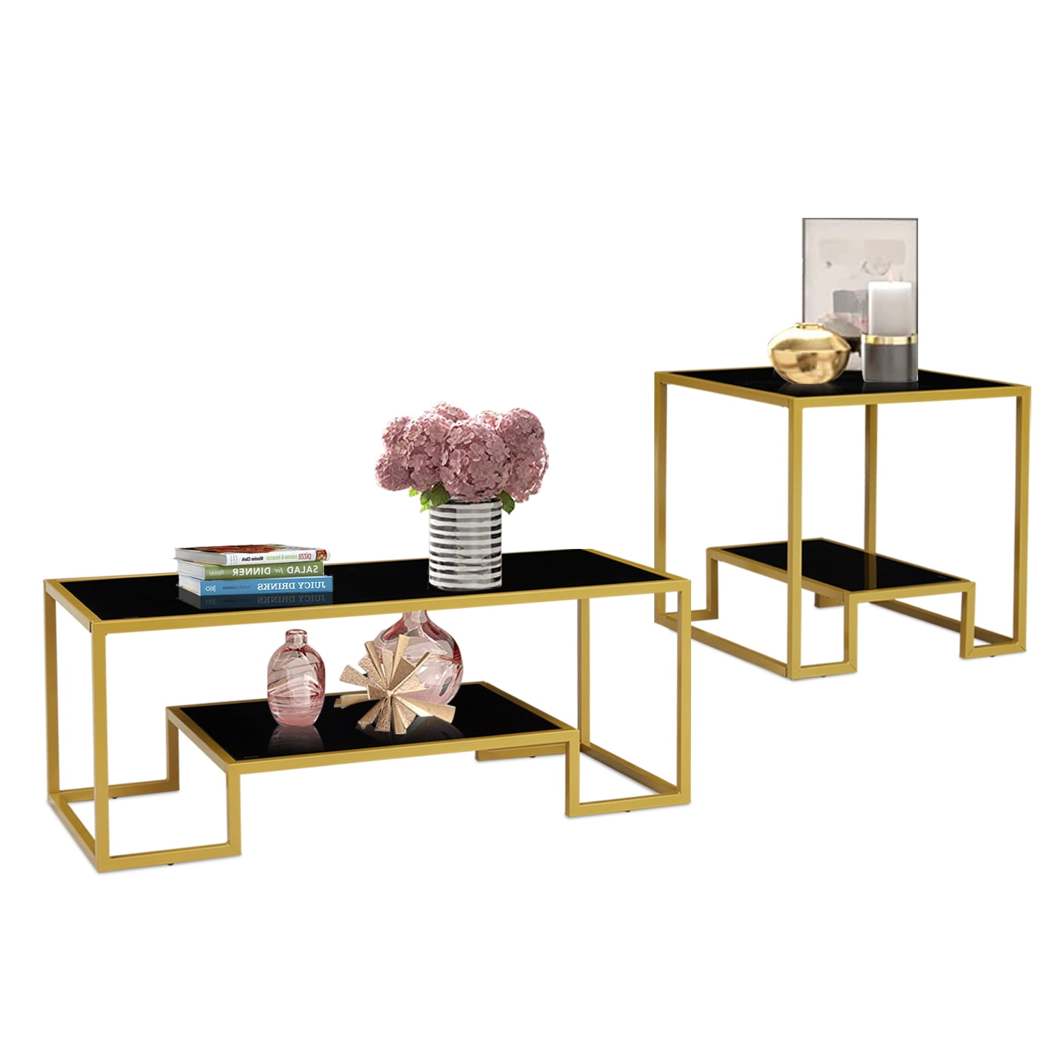 Kinbor Set of 2 Modern Glass End Table, Sofa Side Table with Open ...