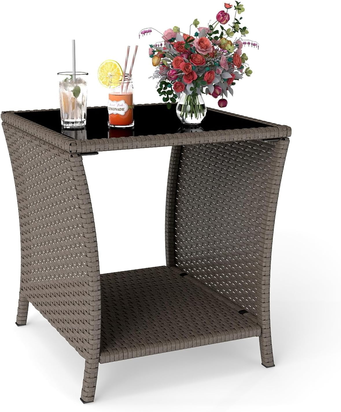 Kinbor Wicker Rattan Side Table Outdoor Square Tempered Glass Top with ...