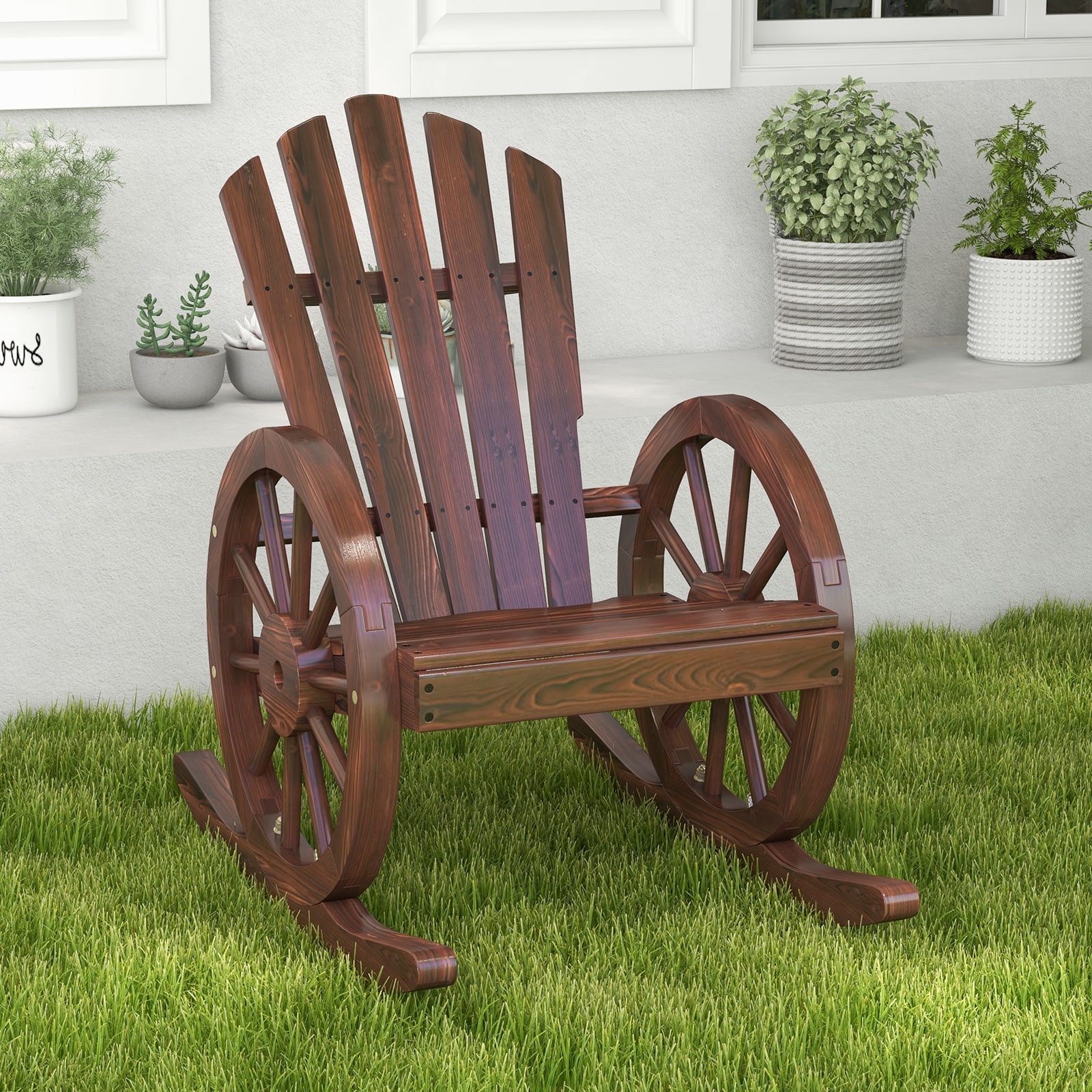Kinbor Wooden Patio Furniture: Outdoor Rocker Porch Slat Back Rocking ...