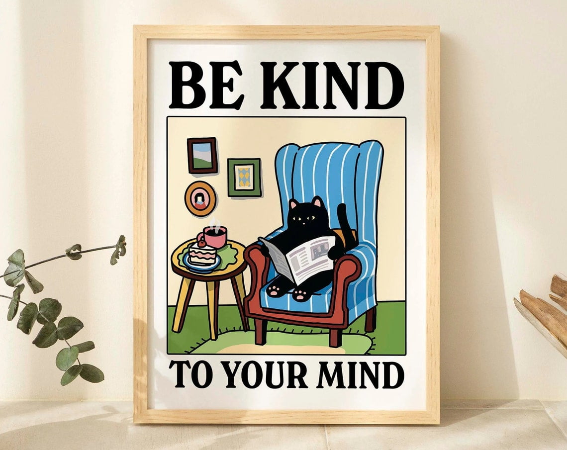 Be Kind Cat Print, Cute Blue Black Cat Poster Illustration, Be Kind To ...
