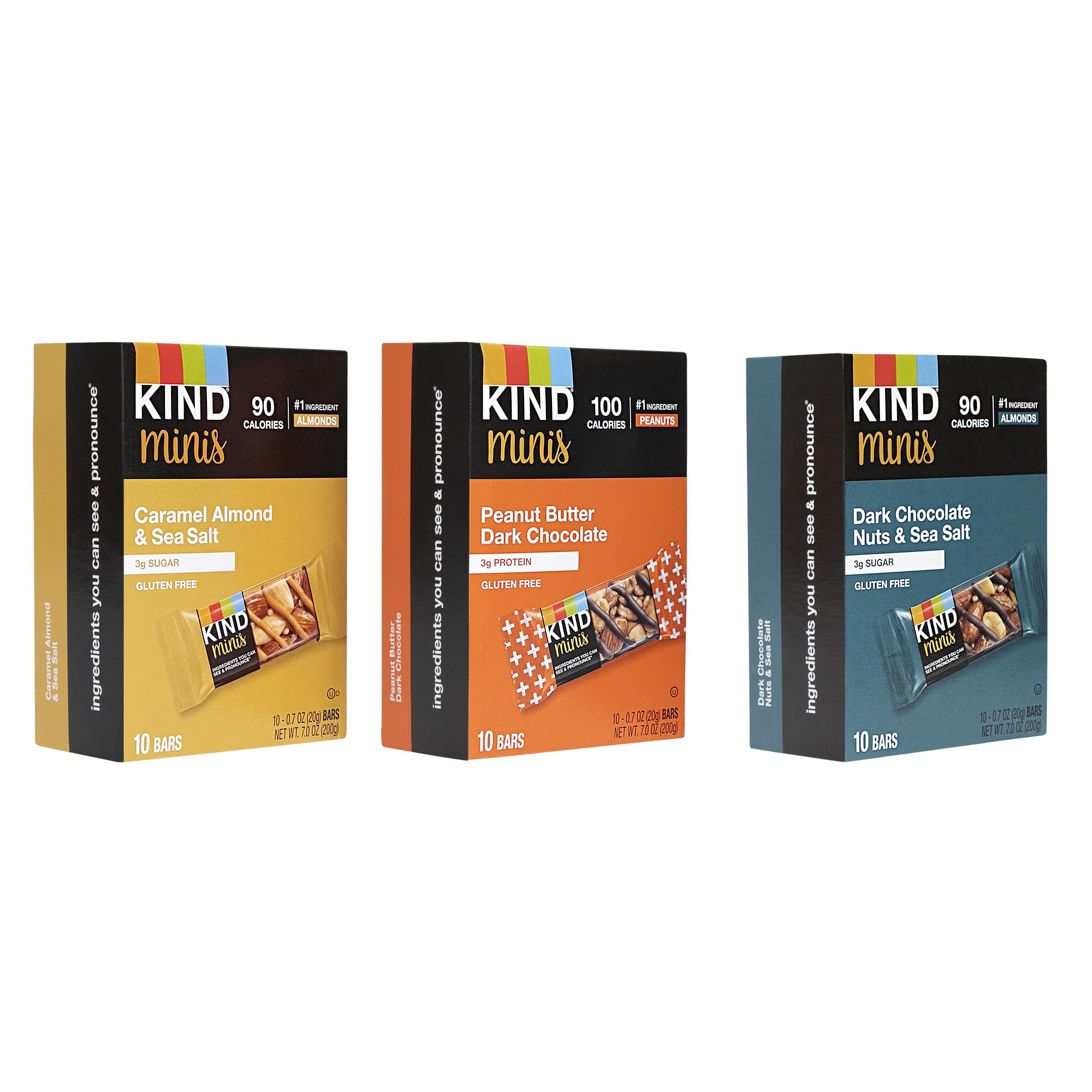 Kind Minis, Variety Pack. Contains 1 AIS1 Peanut Butter Chocolate, 1 Caramel Almond & Sea Salt ...