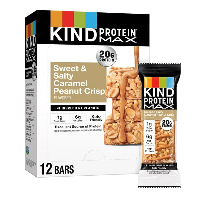 Kind Protein Max Sweet & Salty Caramel Peanut Crisp Snack Bars, Keto ...