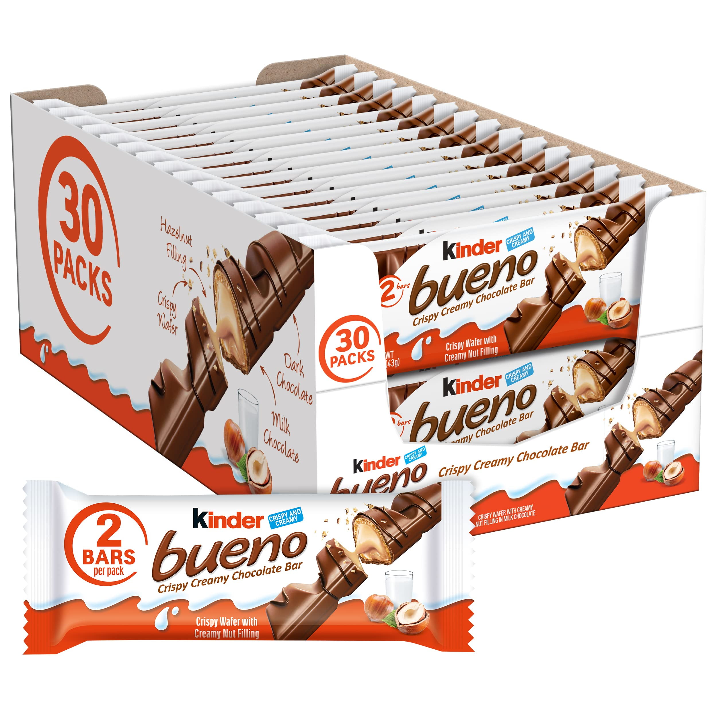 Kinder Bueno Milk Chocolate and Hazelnut Cream Candy Bar, 30 Packs, 2 ...