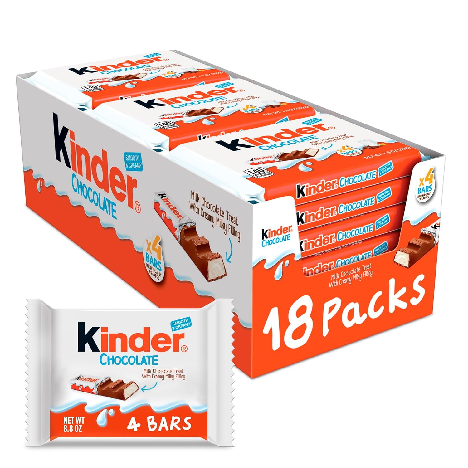 Kinder Chocolate, 18 Four Count Packs, Milk Chocolate Bar with Creamy ...