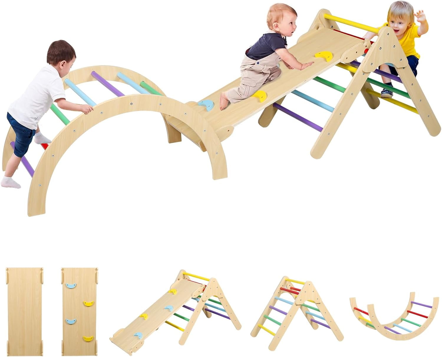 Kinder King 5 in 1 Pikler Triangle Set, Kids Wooden Montessori Climbing ...