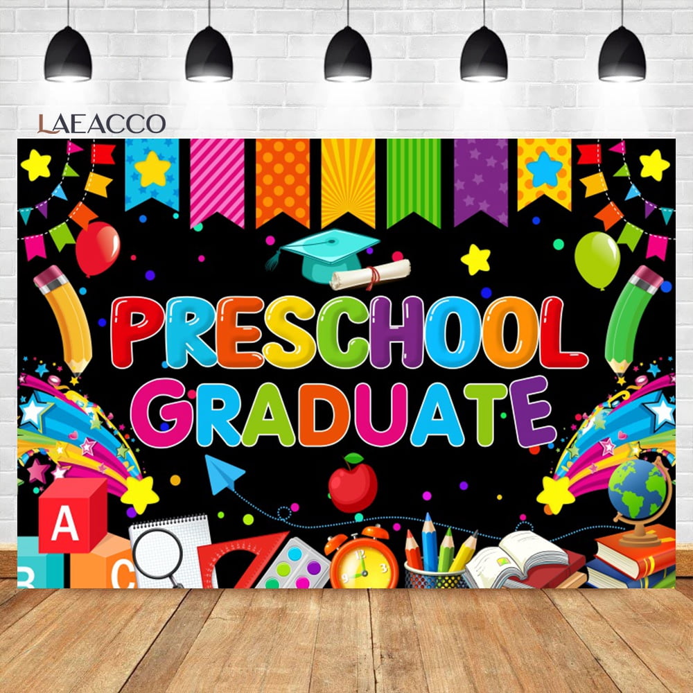 Kindergarten Congrats Grad Backdrop Cartoon Pencils Balloons Preschool ...