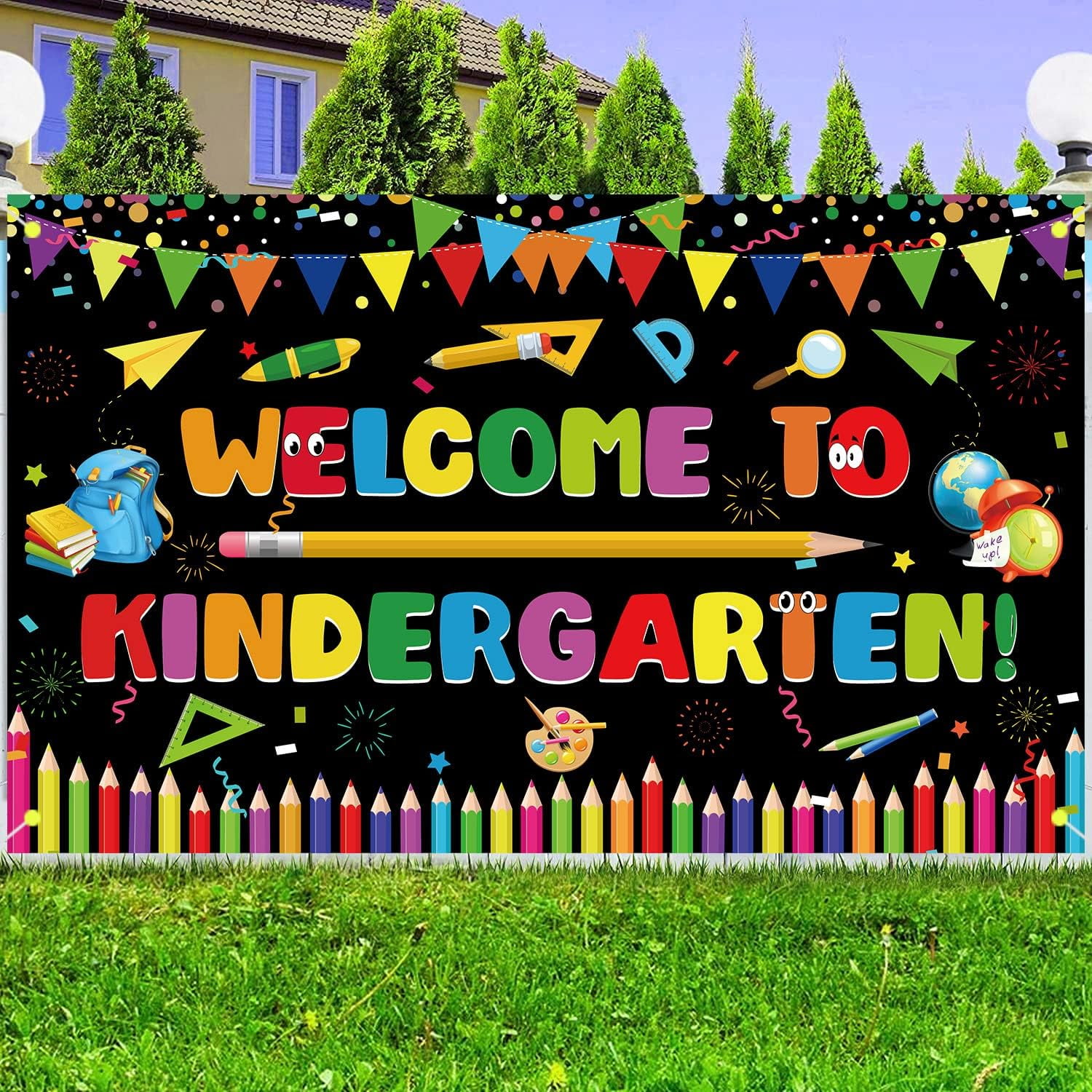 Kindergarten First Day Of School Party Backdrop, Colorful Welcome to ...